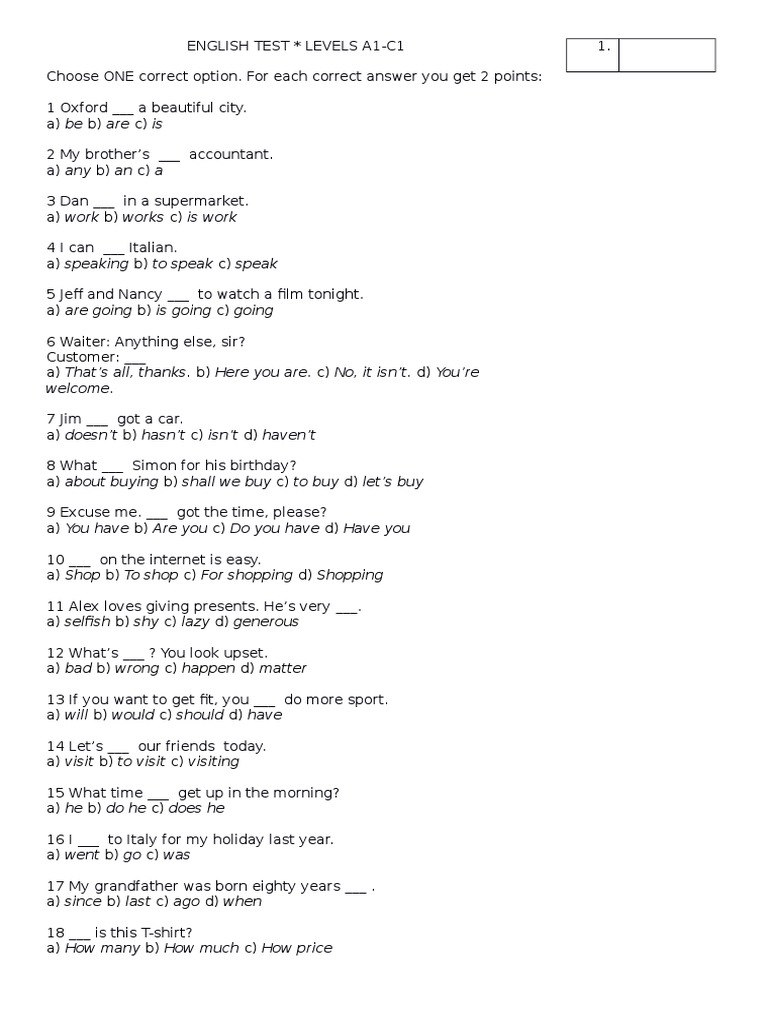 English Placement Test A1 C1 | PDF