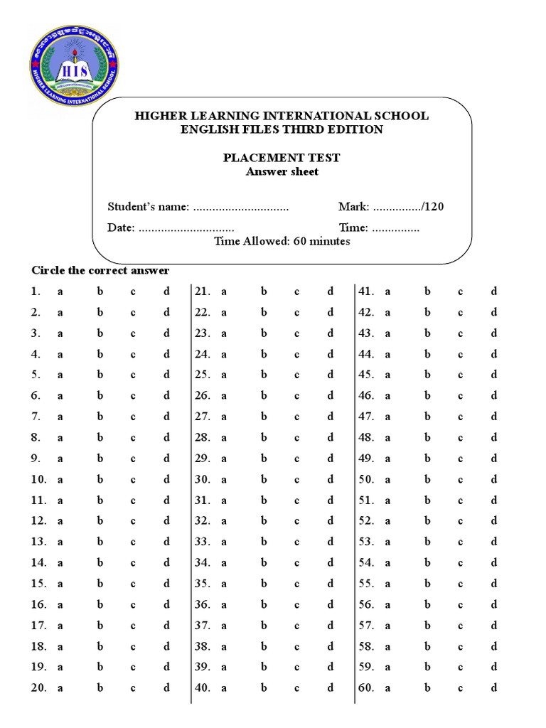 Answer Sheet For Placement Test | PDF | Tests | Educational Assessment ...