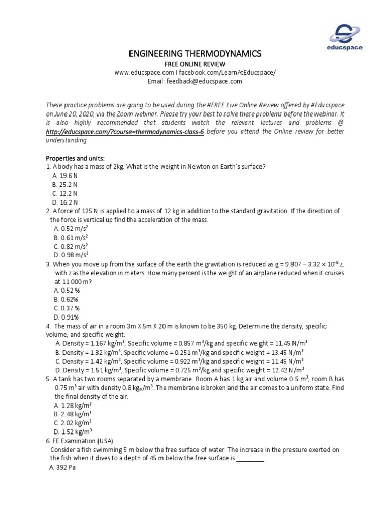 Engineering Thermodynamics Practice Problems Online Review | PDF | Mole ...