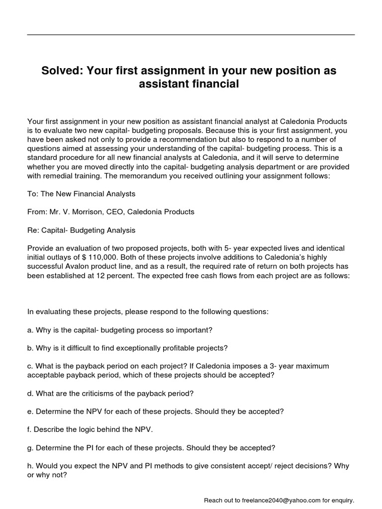 Your First Assignment in Your New Position As Assistant Financial | PDF ...