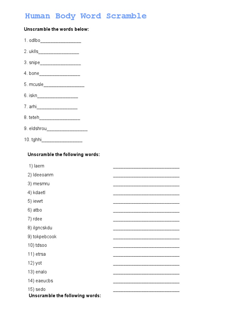 Human Body Word Scramble: Unscramble The Words Below | PDF