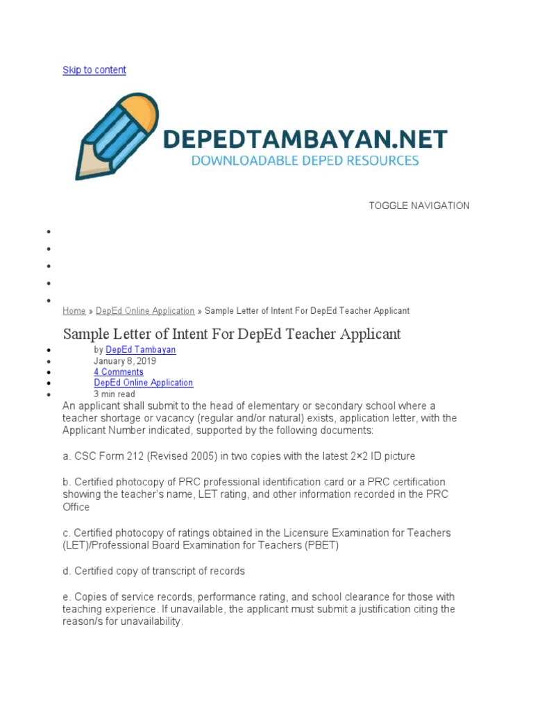 Sample Letter of Intent For Deped Teacher Applicant: Skip To Content ...