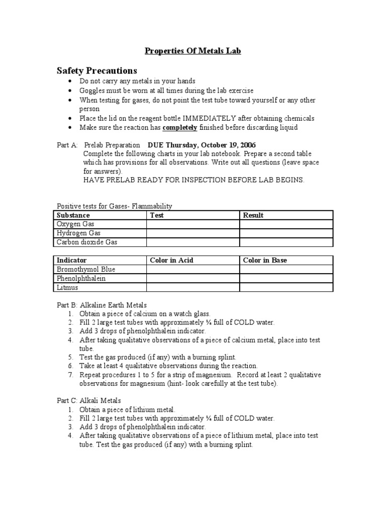 Properties of Metals Lab Honors 06 | PDF | Sodium | Calcium
