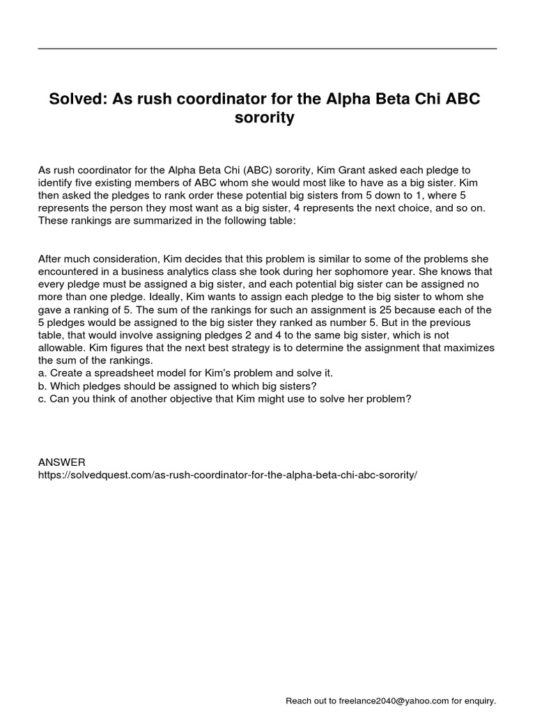 As Rush Coordinator For The Alpha Beta Chi ABC Sorority | PDF