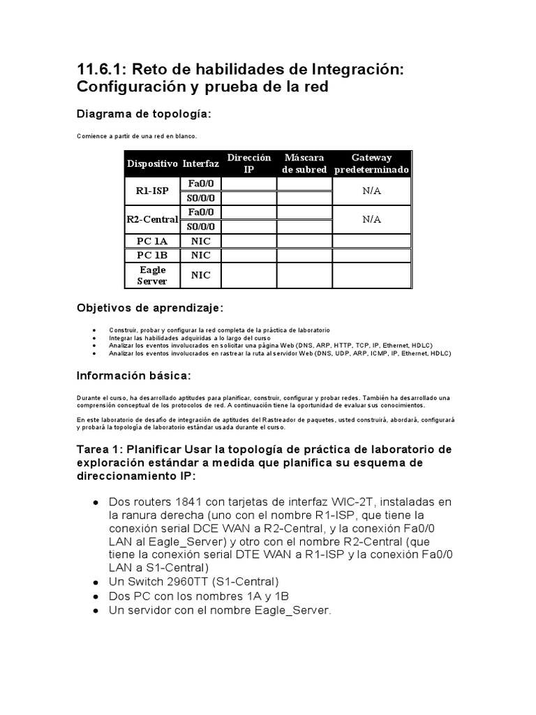 11.6.1: Reto de Habilidades de Integración: Configuración y Prueba de La Red | PDF | Enrutador ...