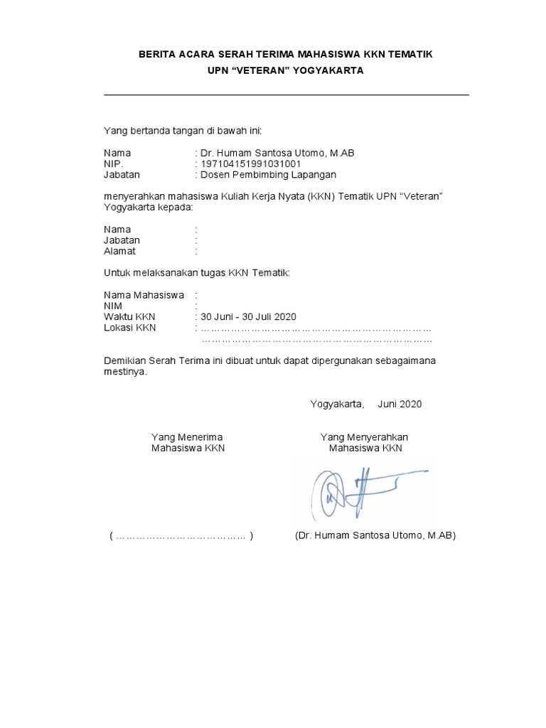 Berita Acara Serah Terima Mahasiswa KKN Tematik | PDF Berita Acara Serah Terima Mahasiswa KKN Tematik | PDF
