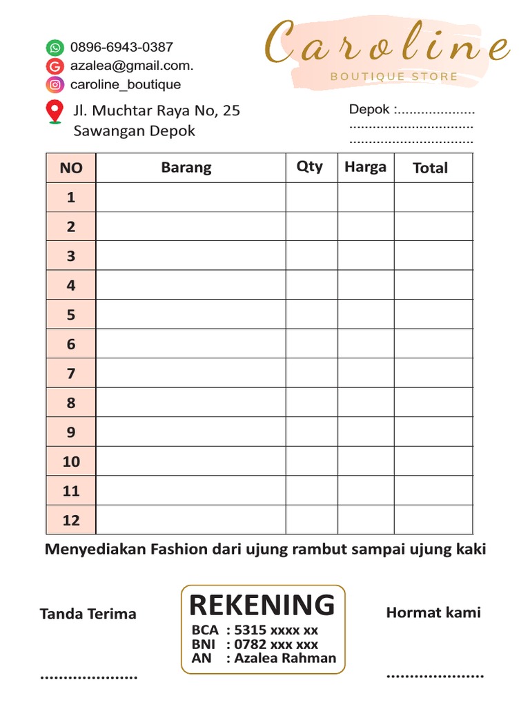 Contoh Nota Toko Pakaian Azalea | PDF