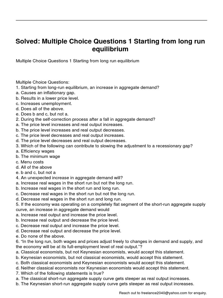 Multiple Choice Questions 1 Starting From Long Run Equilibrium | PDF ...
