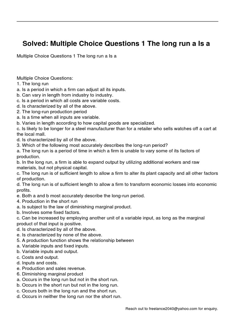 Multiple Choice Questions 1 The Long Run A Is A | PDF | Economics ...