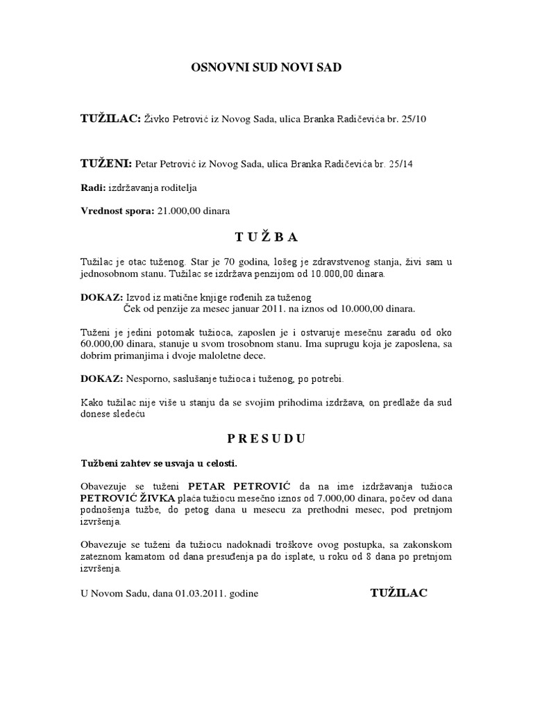 Primer Tuzbe Radi Izdrzavanja Roditelja | PDF