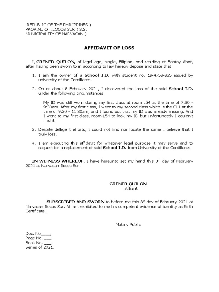 Sample-Affidavit-of-Loss Student ID | PDF
