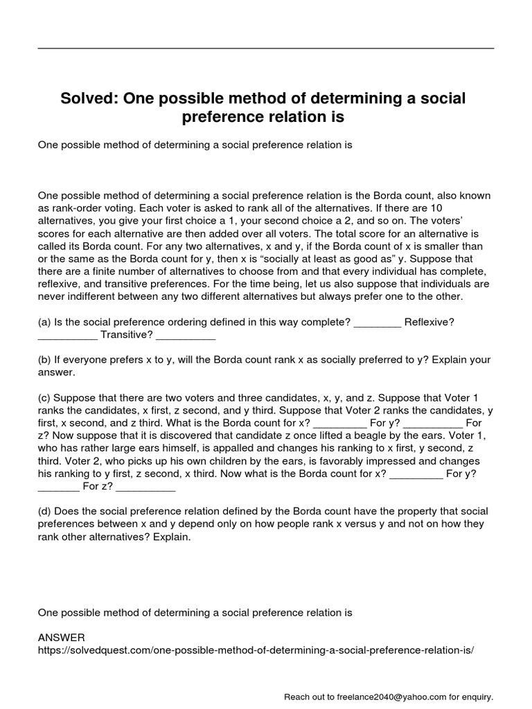 One Possible Method of Determining A Social Preference Relation Is ...