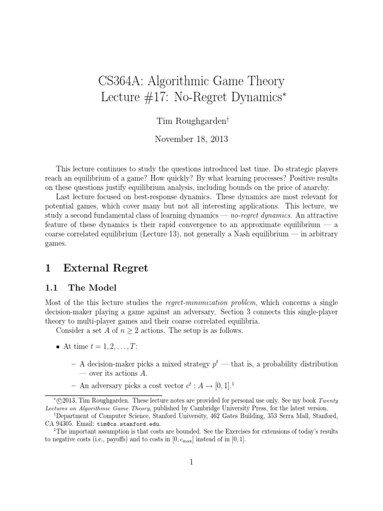 Algorithmic Game Theory - No-Regret Dynamics | PDF | Game Theory | Algorithms