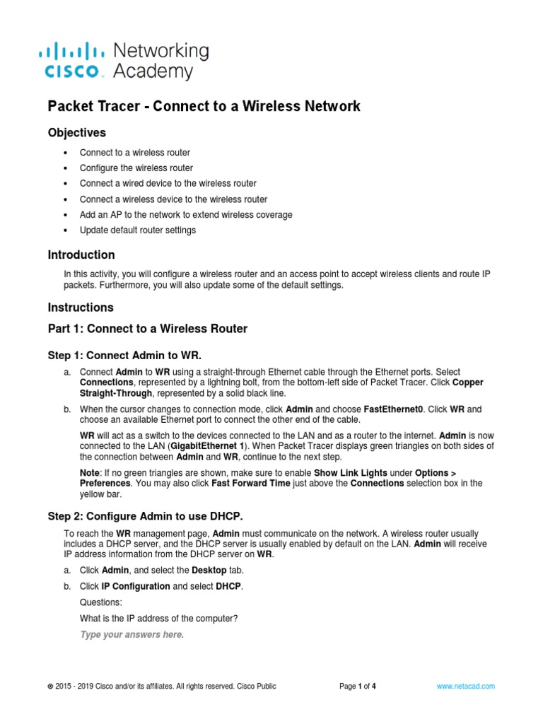 Packet Tracer - Connect To A Wireless Network | PDF | Ip Address ...