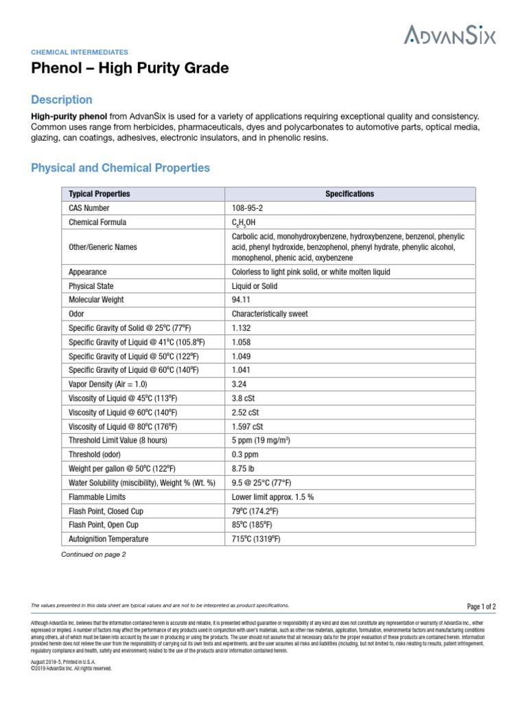 Phenol - High Purity Grade: Description | PDF | Liquids | Viscosity