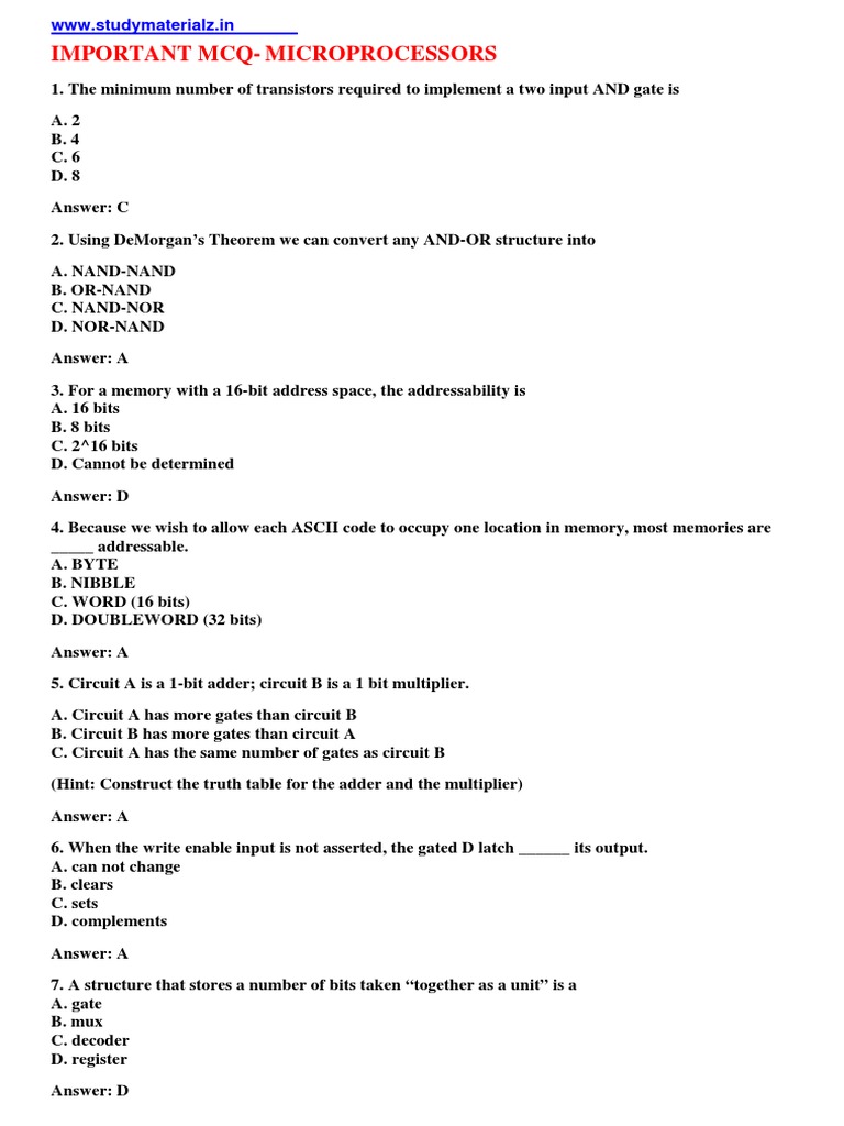 Microprocessor MCQs with Answers | PDF | Assembly Language | C ...
