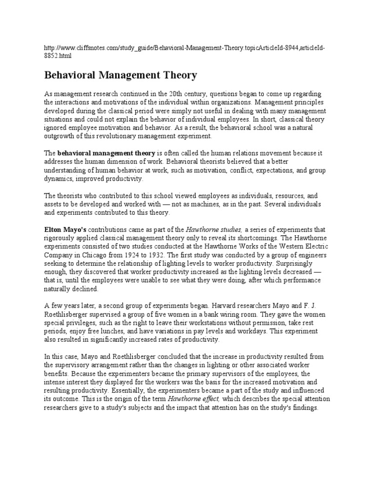 Behavioral Management Theory Pdf Motivation Motivational