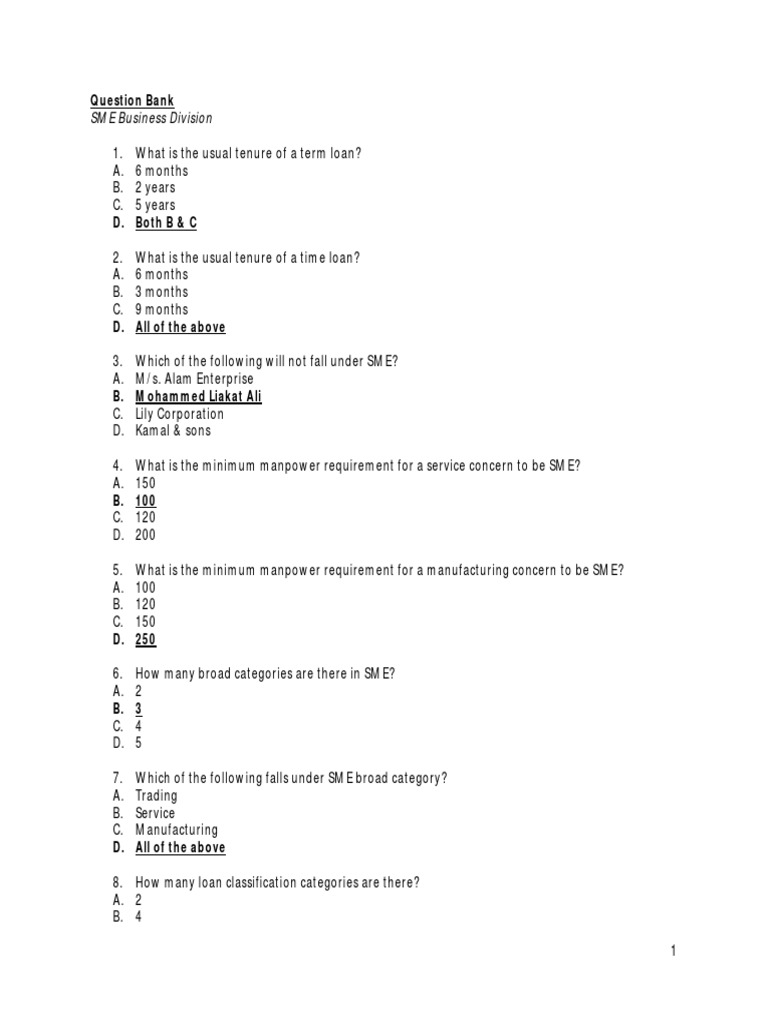 SME Business Division: Question Bank | PDF | Securities (Finance) | Credit