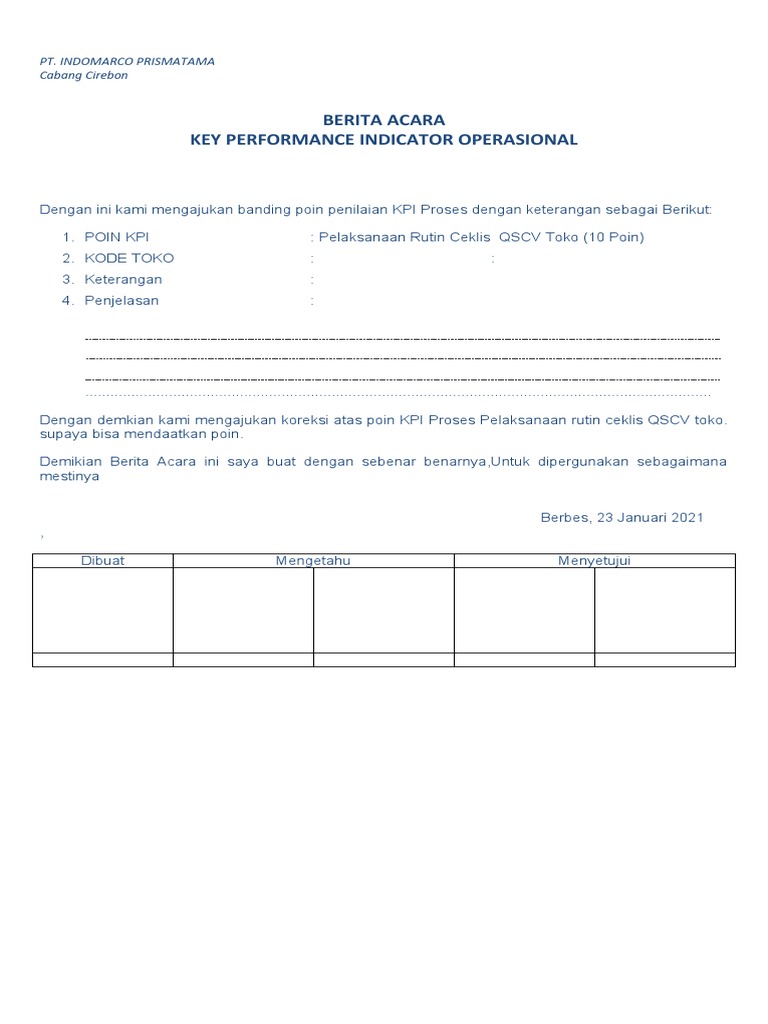 Format BA KPI Cek QSCV | PDF