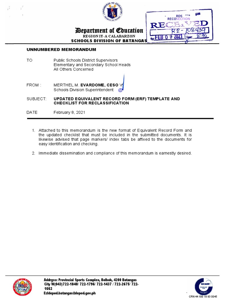 Updated Equivalent Record Form (Erf) Template and Checklist For ...