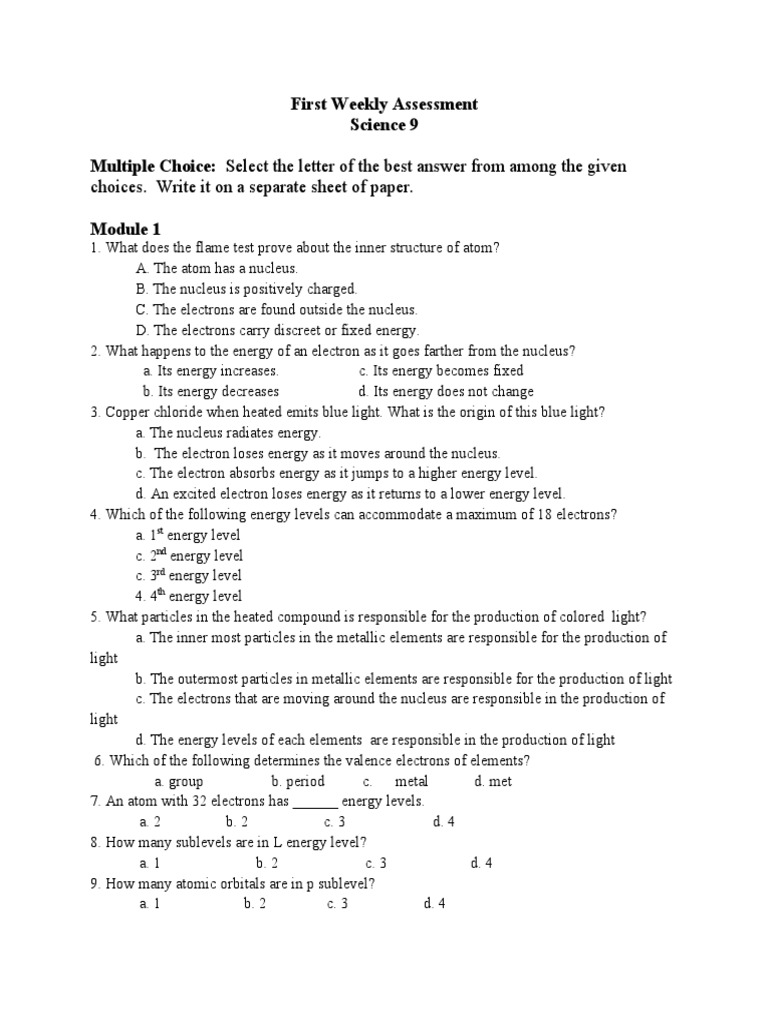 First Weekly Assessment Science 9 Q 2 | PDF | Ionic Bonding | Chemical Bond