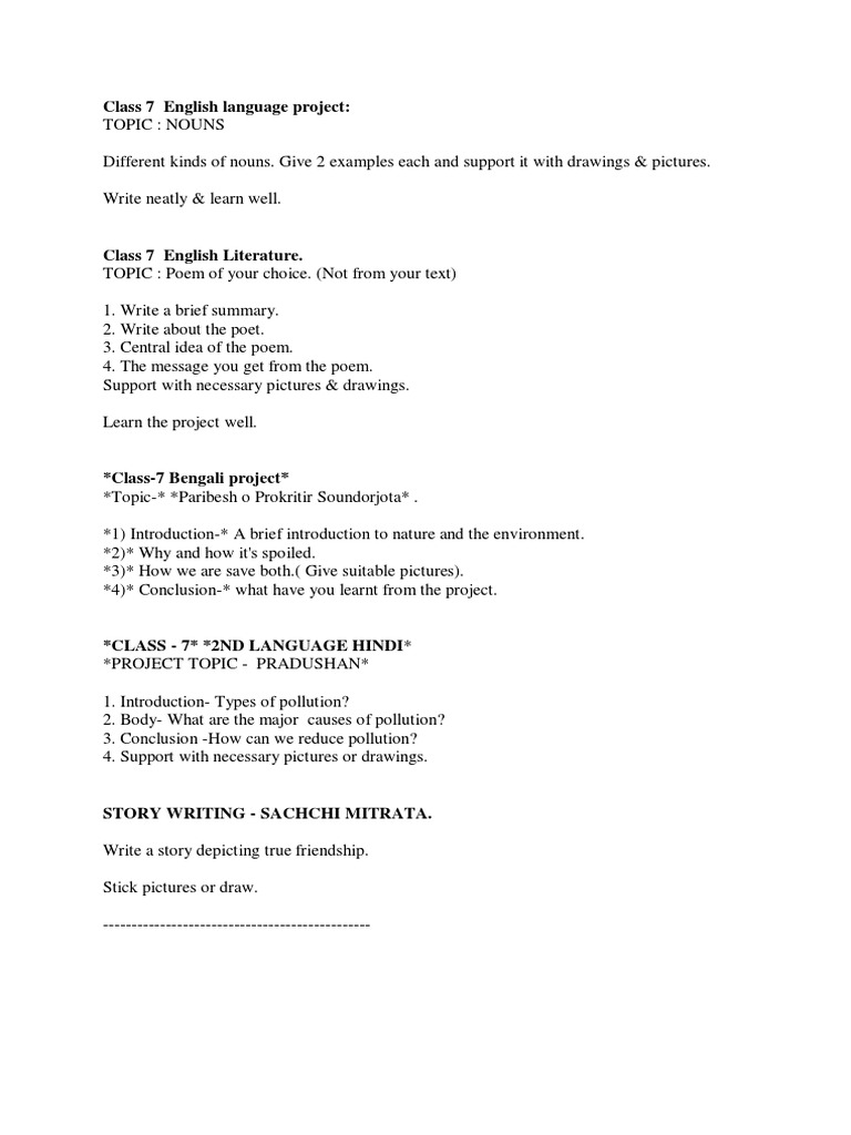 Class 7 English Project Guidelines | PDF | Mixture | Length