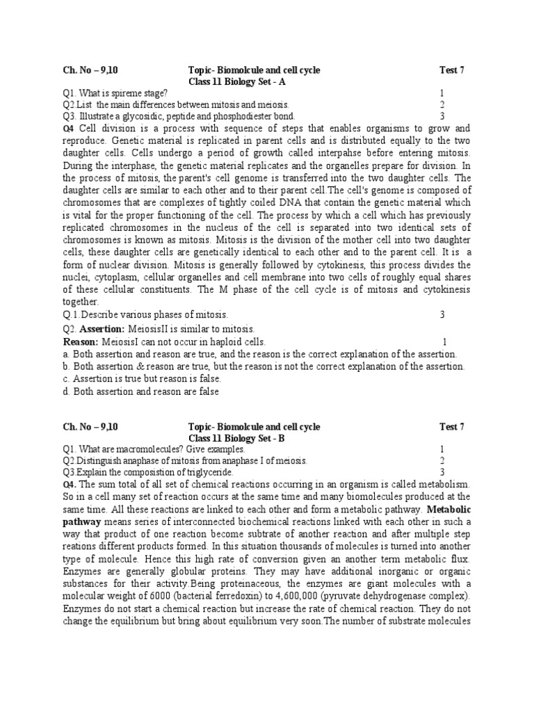 Class 11 Biology Saturday Test | PDF | Mitosis | Cell (Biology)