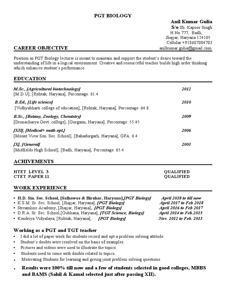 PGT Biology Teacher Resume and Career Profile | PDF | Human Nature ...