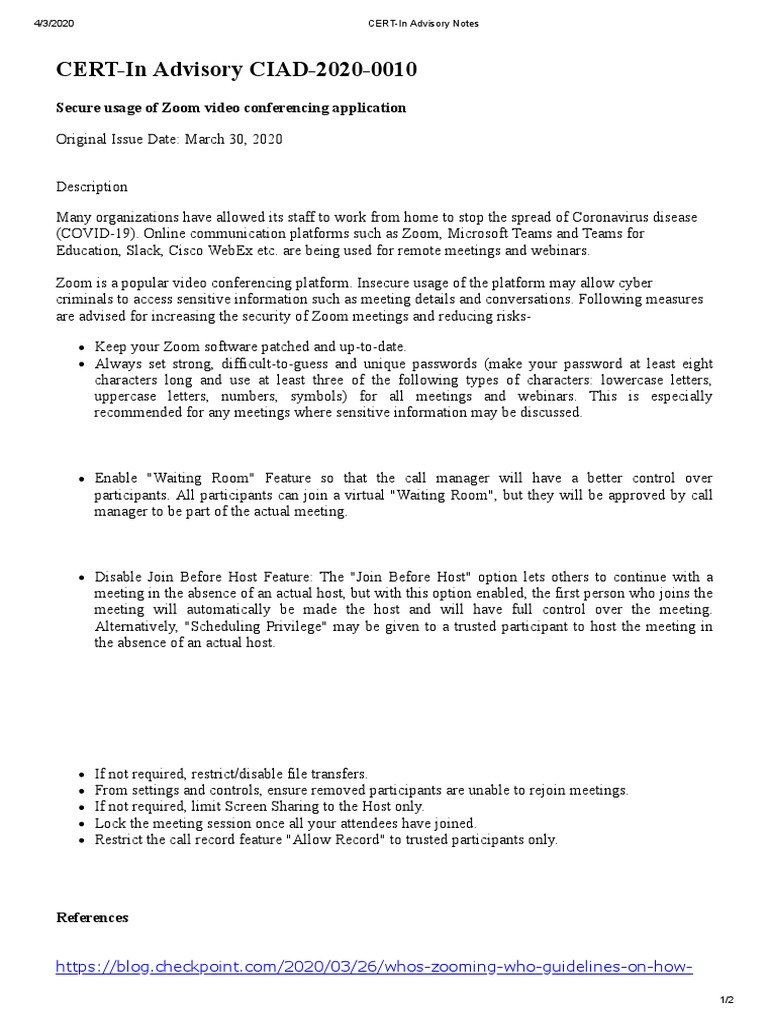 CERT in Advisory Note Zoom | PDF | Web Conferencing | Password