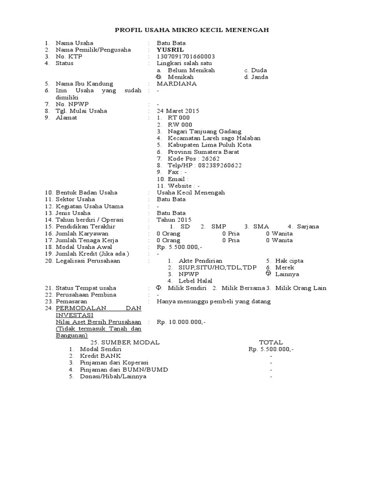 Profil Usaha Mikro: Batu Bata Yusril | PDF | Bisnis