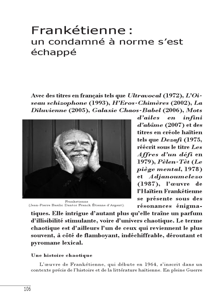 Frankétienne : Chaos et Littérature Haïtienne | PDF | Haïti | Romans