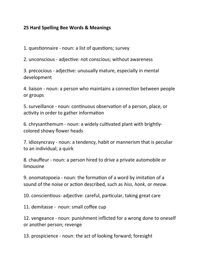 25 Hard Spelling Bee Words | PDF | English Language | Wellness