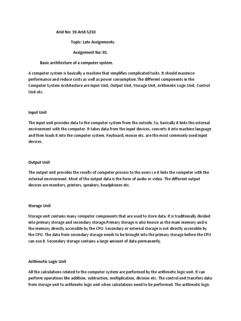 Arid No: 19-Arid-5210 Topic: Late Assignments. Assignment No: 01. Basic Architecture of A ...