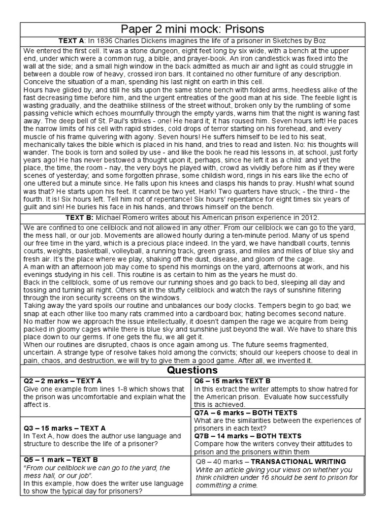 Paper 2 Mini Mock: Prisons: Questions | PDF | Prison