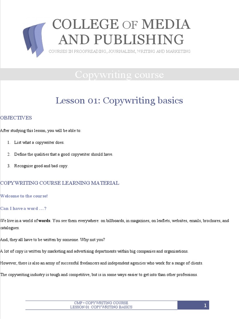 Copywriting Lesson 01 Copywriting Basics | PDF | Copywriting | Advertising