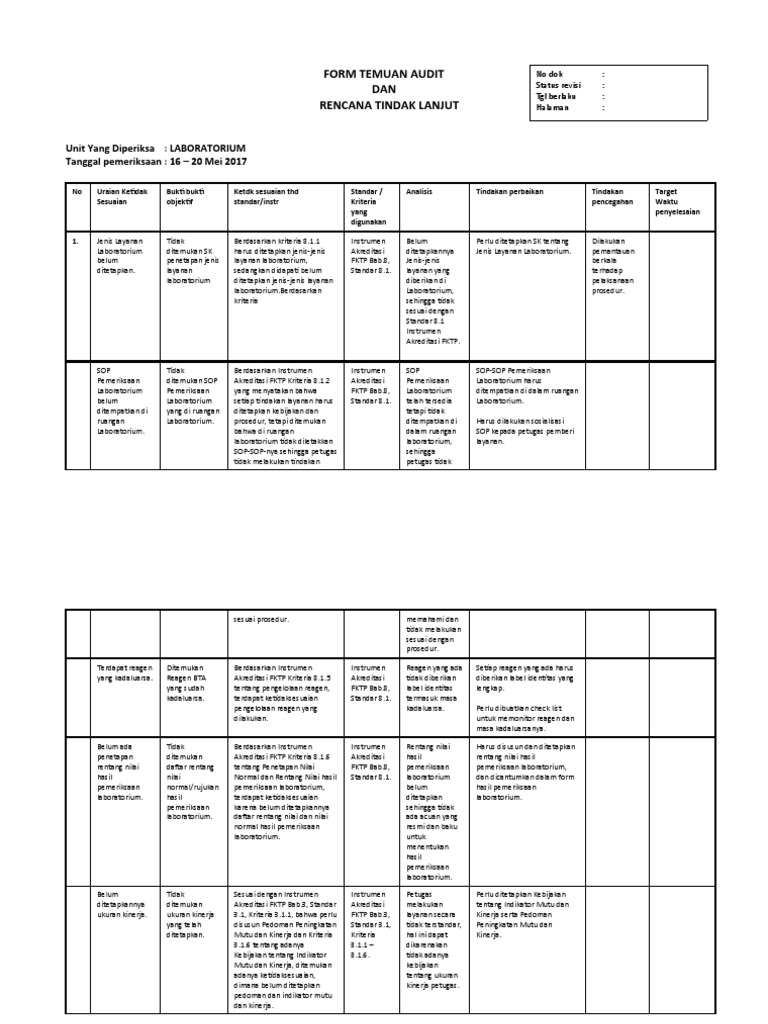 Contoh Temuan Audit & Tindak Lanjut | PDF