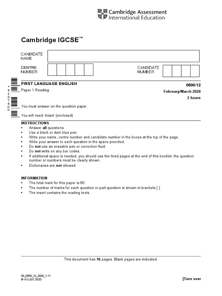 Cambridge IGCSE: First Language English 0500/12 | PDF | Writers