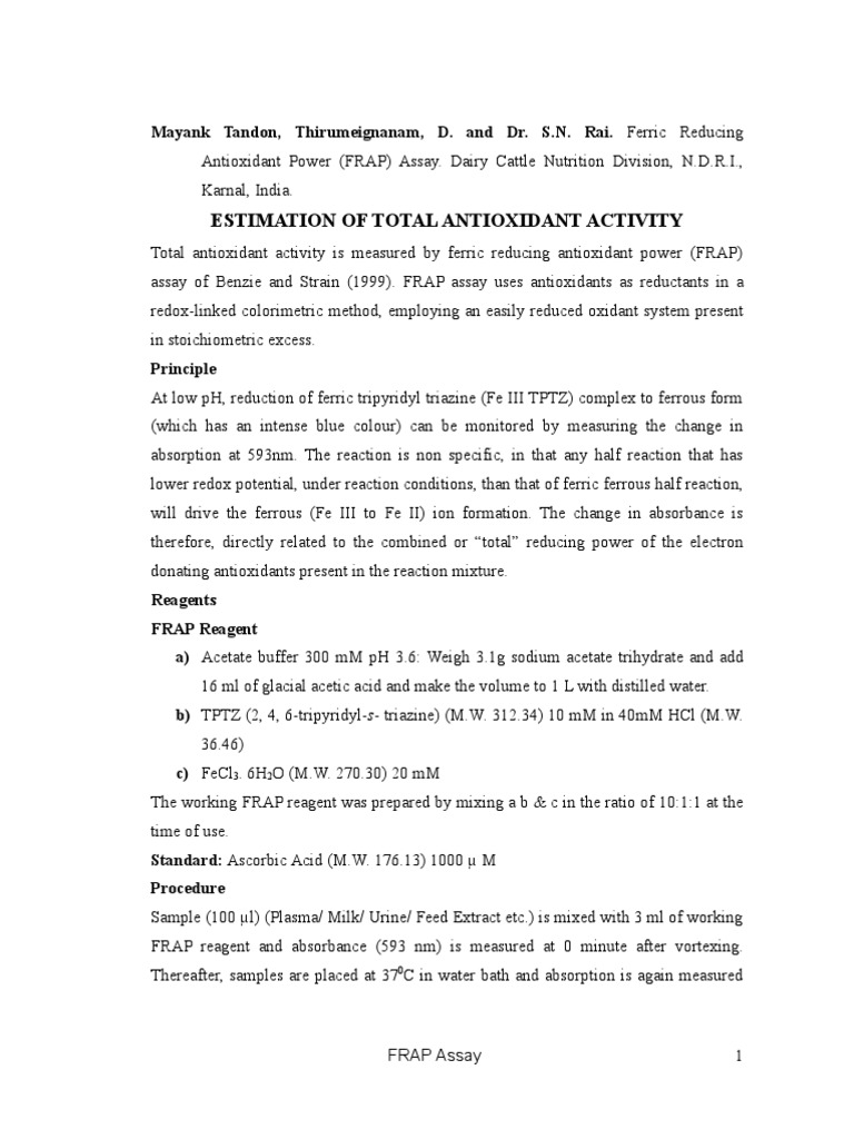 FRAP Assay | PDF | Redox | Antioxidant