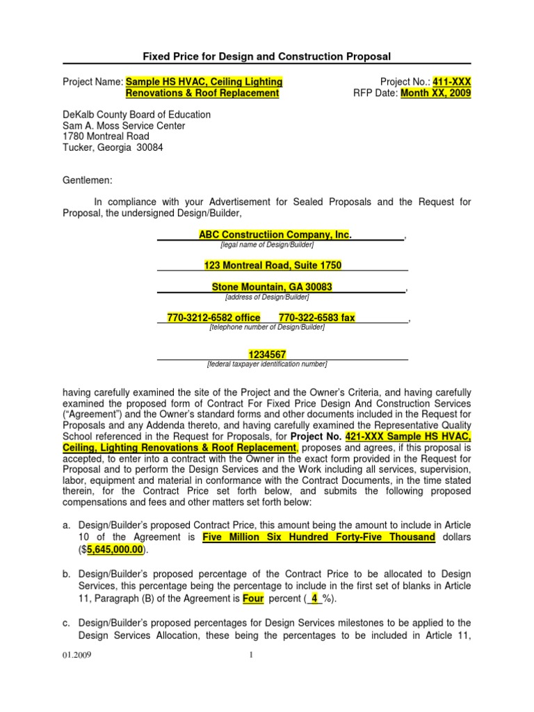 Design Build Fixed Price Proposal Form | PDF | Addendum | Percentage