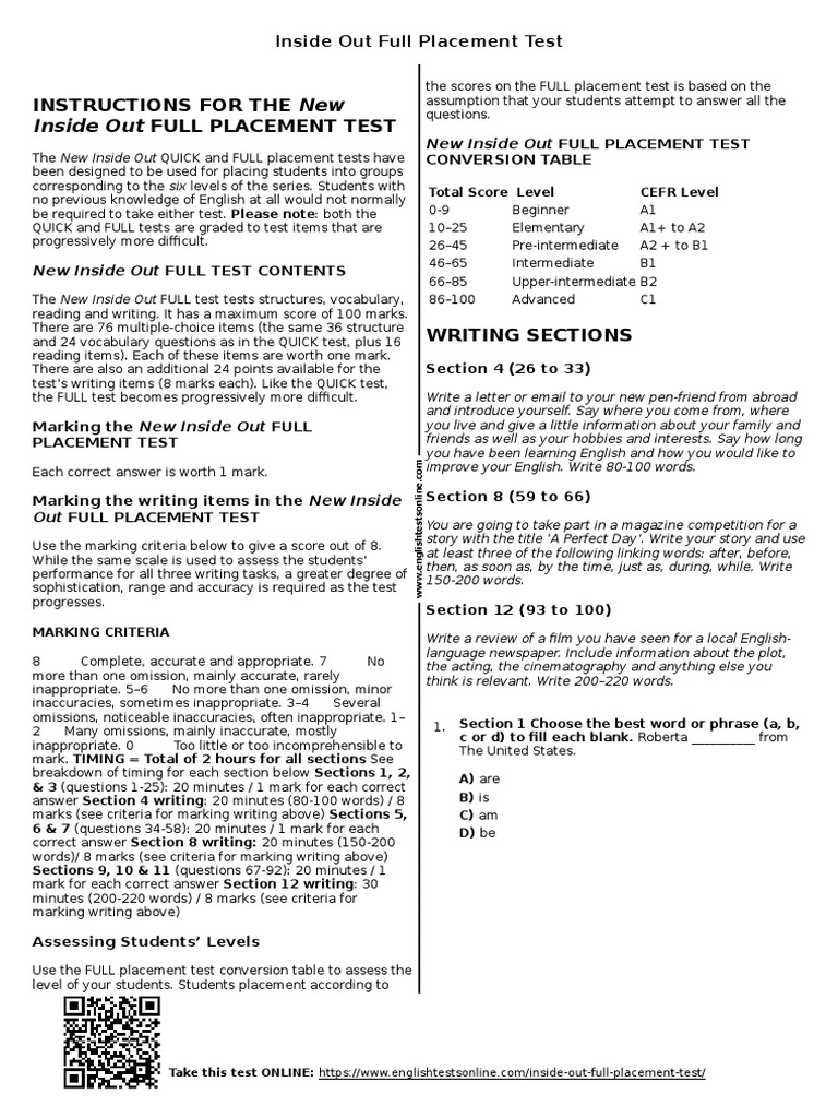 Instructions For The New Inside Out Full Placement Test | PDF | Tourism ...