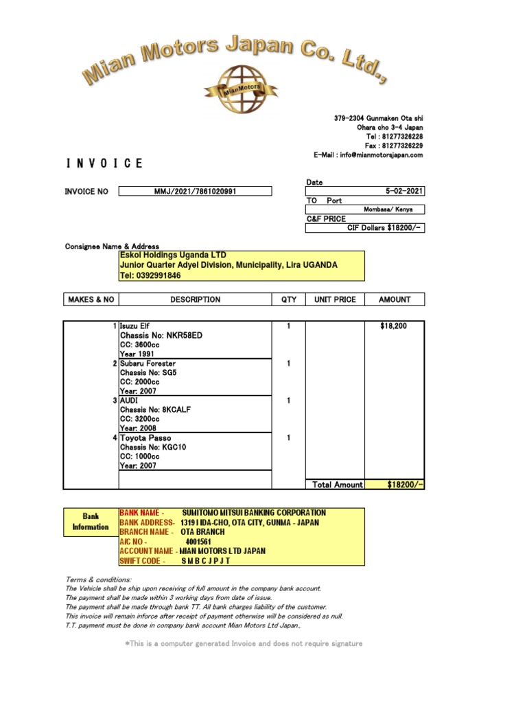 Proforma Invoice Mianmotorsjapan, 4units (MSA) | PDF | Automotive ...