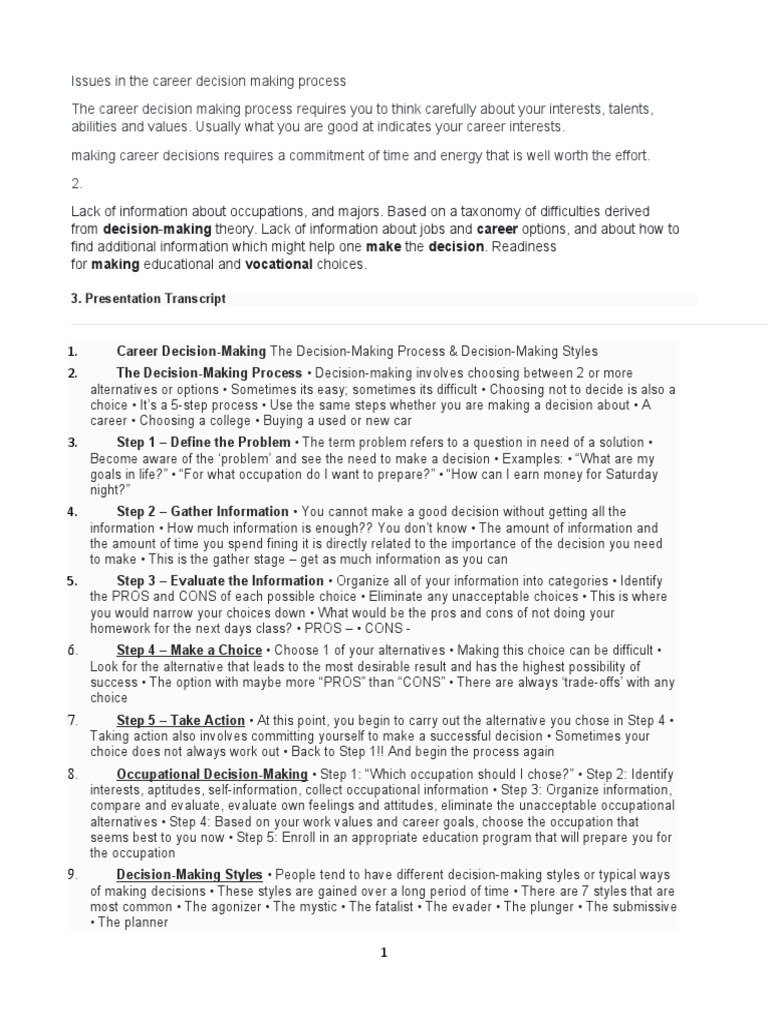 Issues in The Career Decision Making Process | PDF | Choice | Decision ...