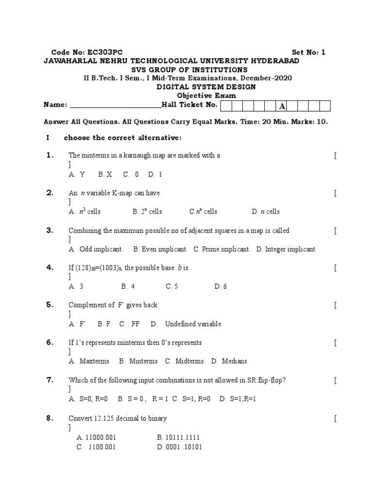 II B.Tech. I Sem., I Mid-Term Examinations, Dcember-2020 | PDF | Logic Gate | Theoretical ...