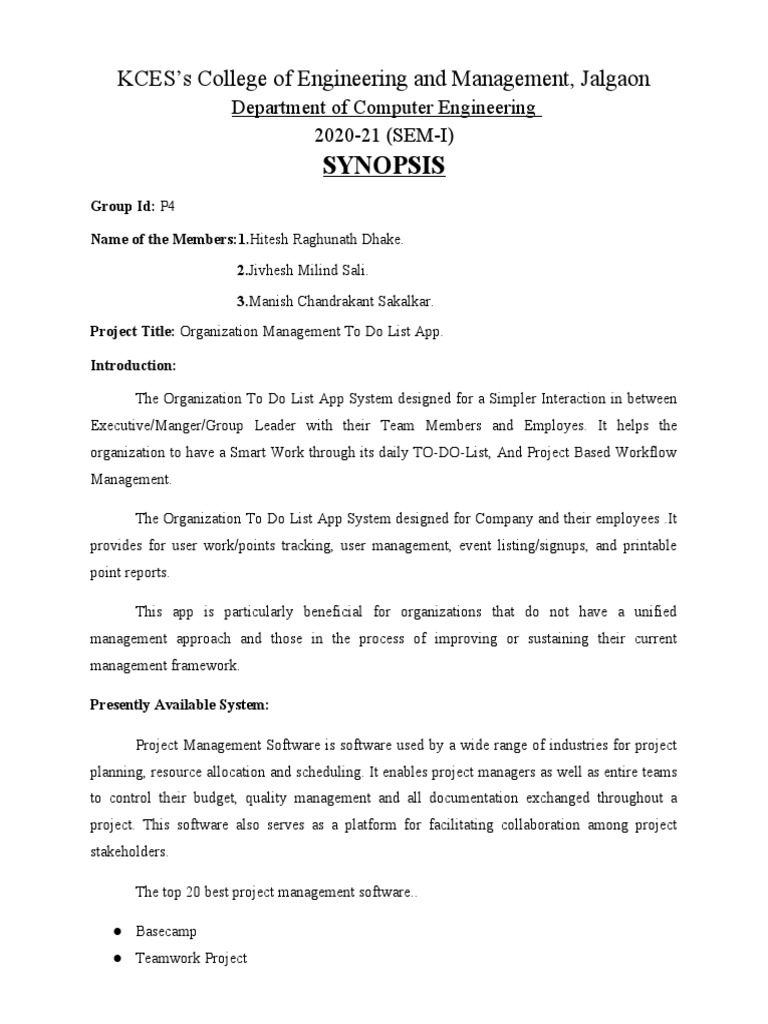 Synopsis: KCES's College of Engineering and Management, Jalgaon | PDF | Project Management | System