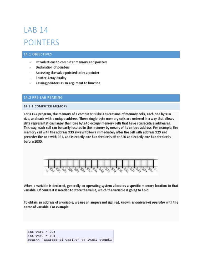 Lab 14 Pointers 141 Objectives Pdf Pointer Computer Programming Array Data Structure