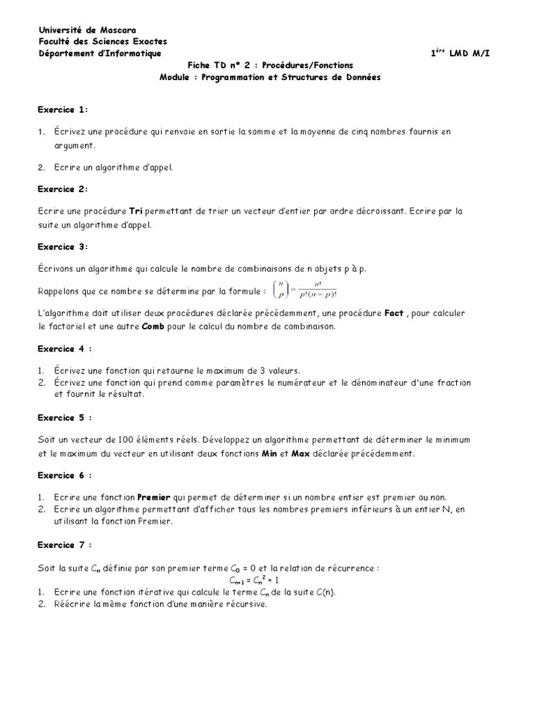 Exercices de Programmation en Algorithmes | PDF