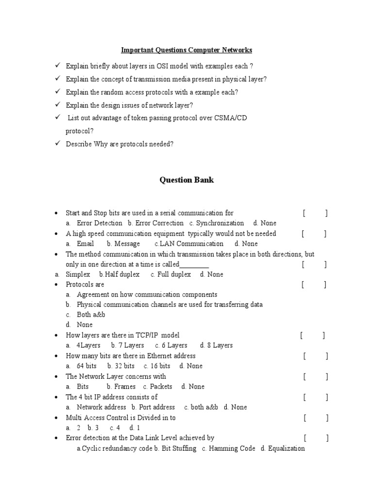 Important Questions Computer Networks: Question Bank | PDF | Computer ...