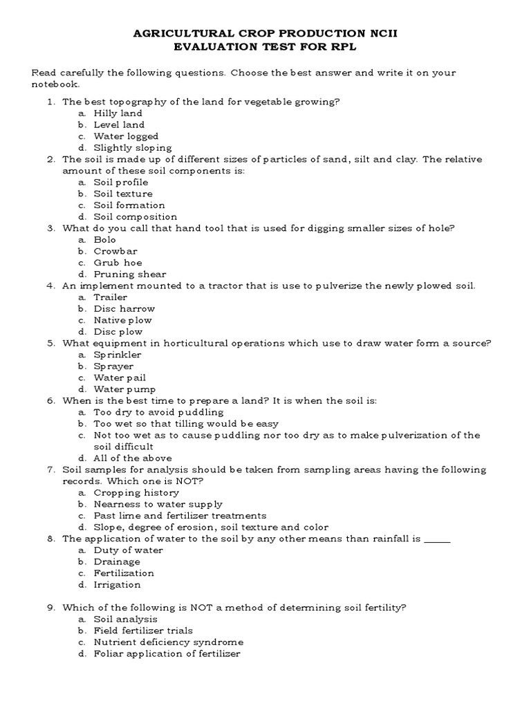 Agricultural Crop Production Ncii Evaluation Test For RPL | PDF ...