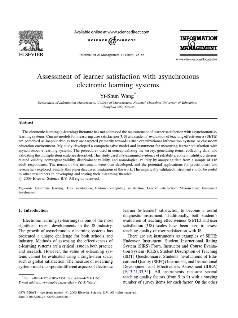 Assessment of Learner Satisfaction With Asynchronous Electronic Learning Systems | PDF ...