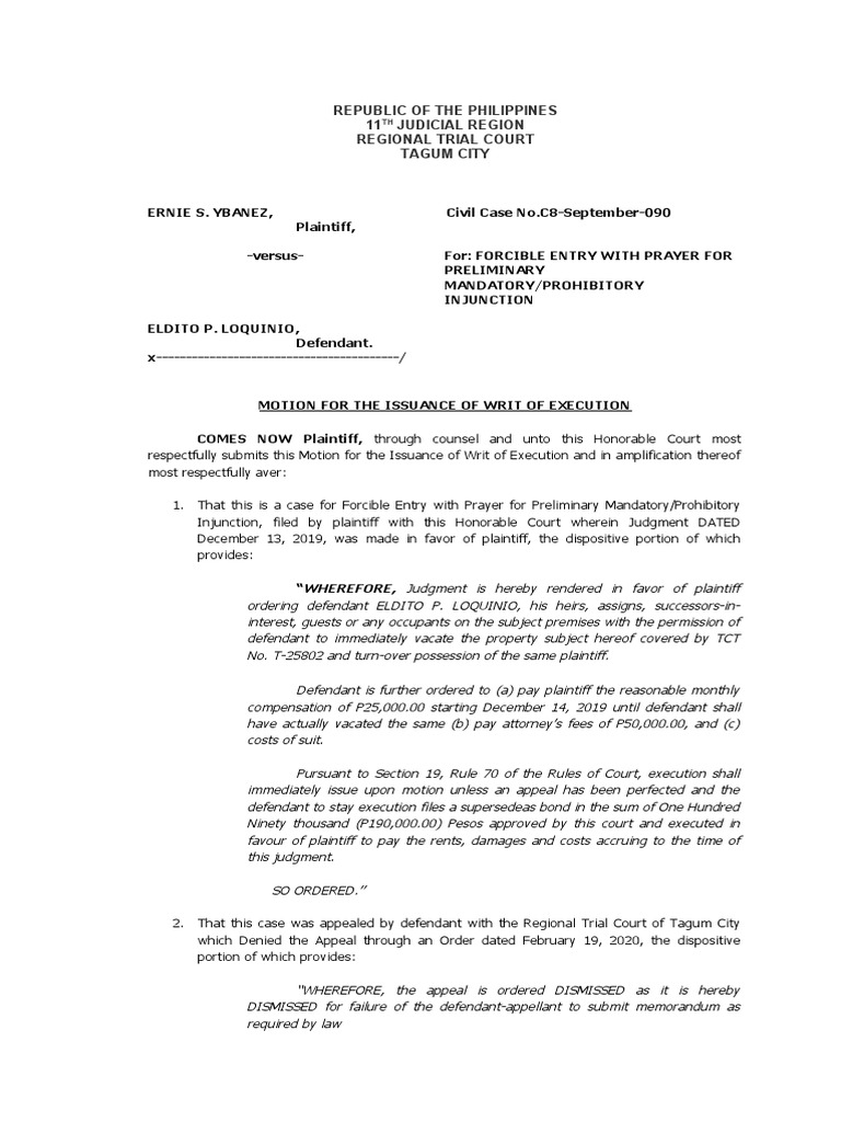 Motion For Issuance of Writ of Execution | PDF | Lawsuit | Courts